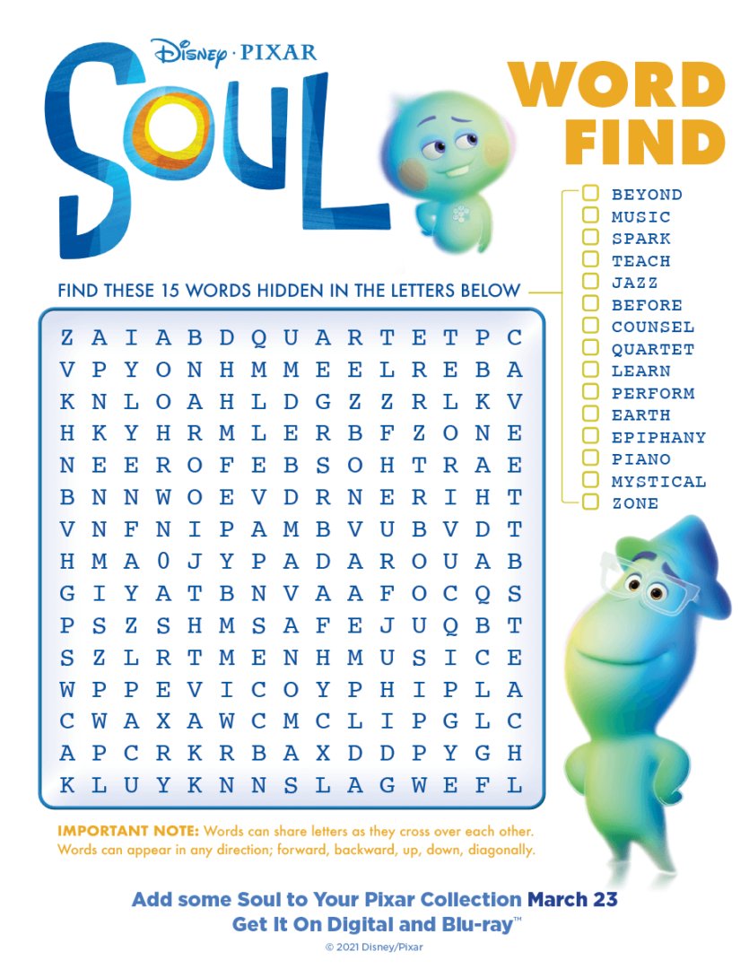 Free Disney Pixar SOUL Activity Sheets For Kids